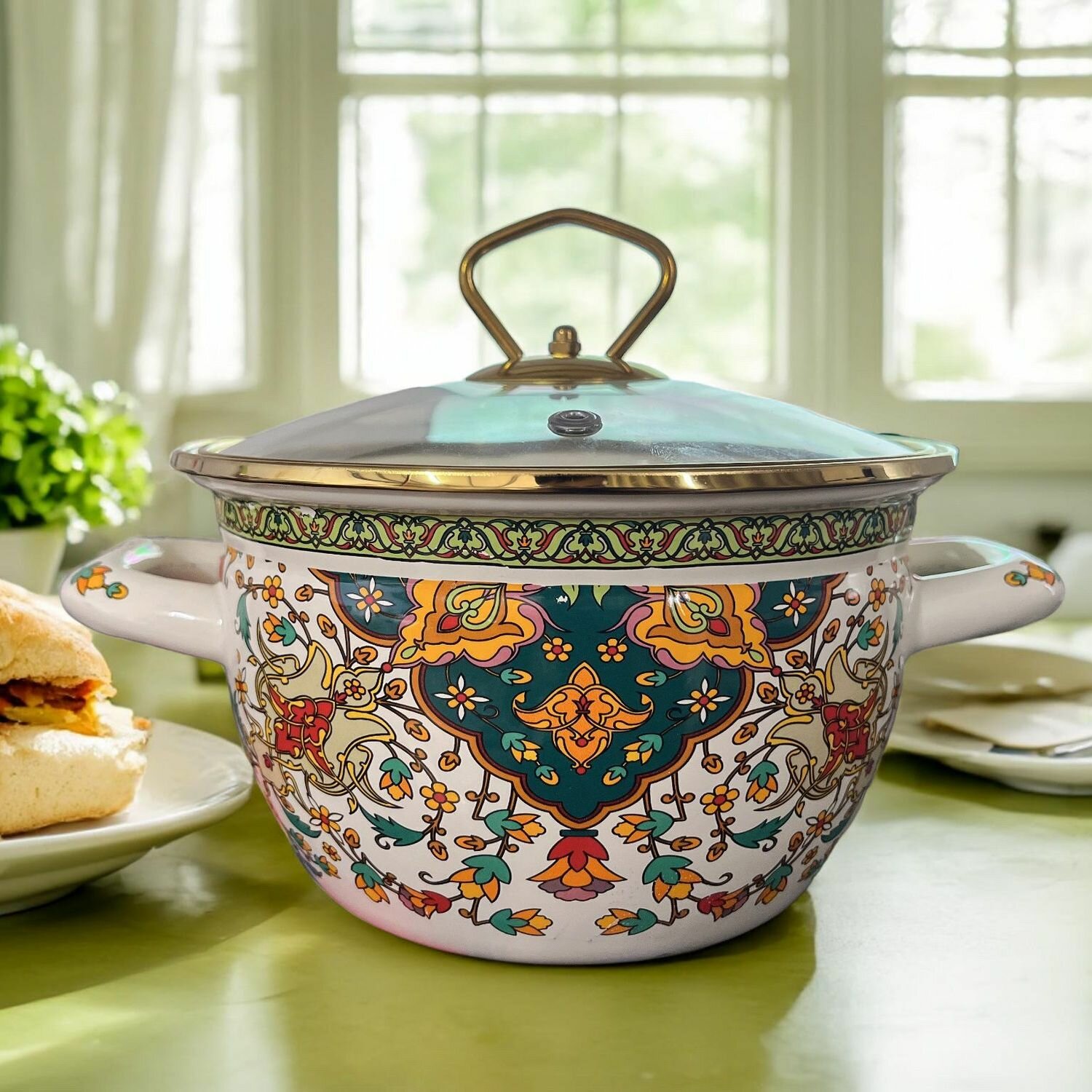 Эмалированная кастрюля с утолщенным дном, универсальная кастрюля для супа и тушения, подходит для индукционных плит
