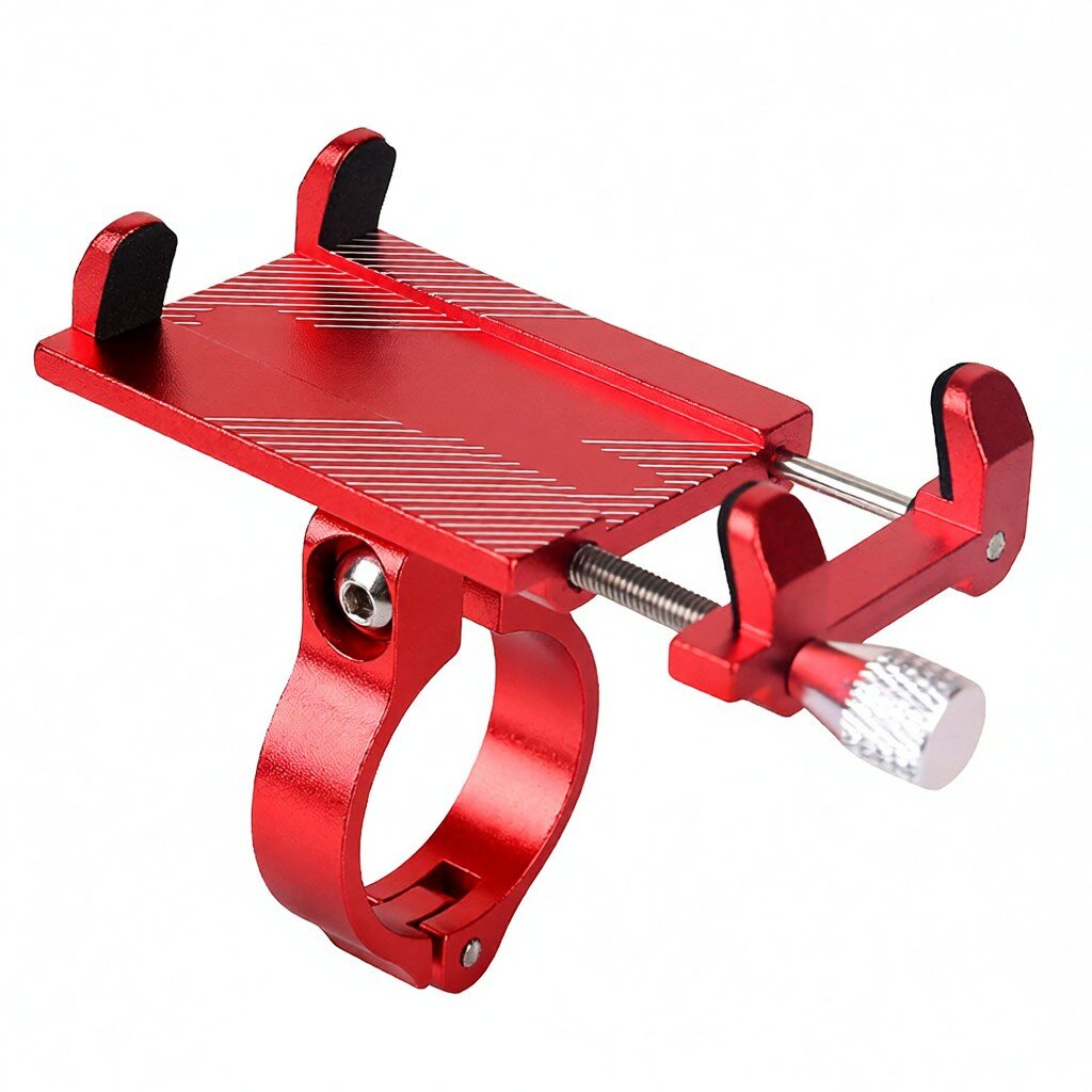 Крепление для мобильного телефона на руль велосипеда, мотоцикла, скутера из алюминия и силикона для смартфонов 3.0-6.8 дюймов, диаметр руля 22.2-31.8 мм, размер 4.3*6.5*8 см, вес 87 г, в комплект входят 1 кронштейн и 2 прокладки, цвета: красный, черный,