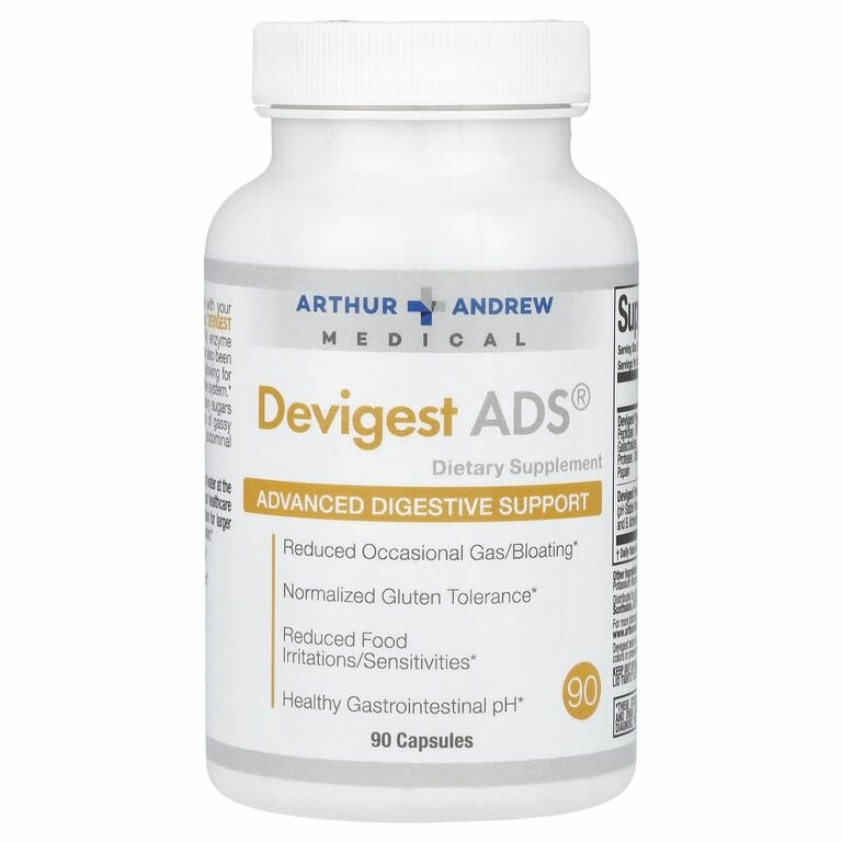 Arthur Andrew Medical, Devigest ADS, поддержка пищеварения (переваривание казеина и глютена), 400 мг, 90 капсул