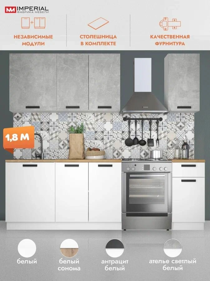 Кухонный гарнитур 1,8 модульный, кухня со столешницей, серый белый Ника Нео