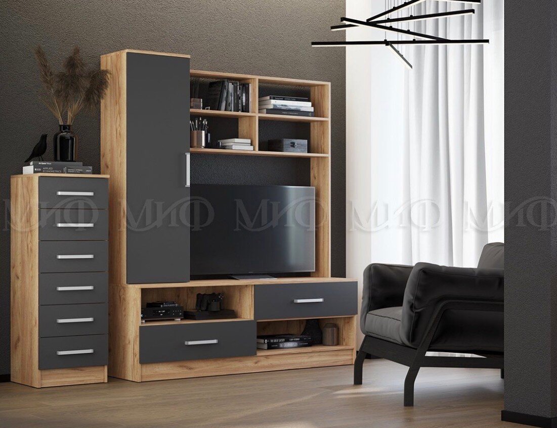 Гостиная центральная секция стенка, 2 ящика, ниша под ТВ 108.4х79.2 см, Мартина, 150х189.2х52 см, Дуб Крафт / Графит