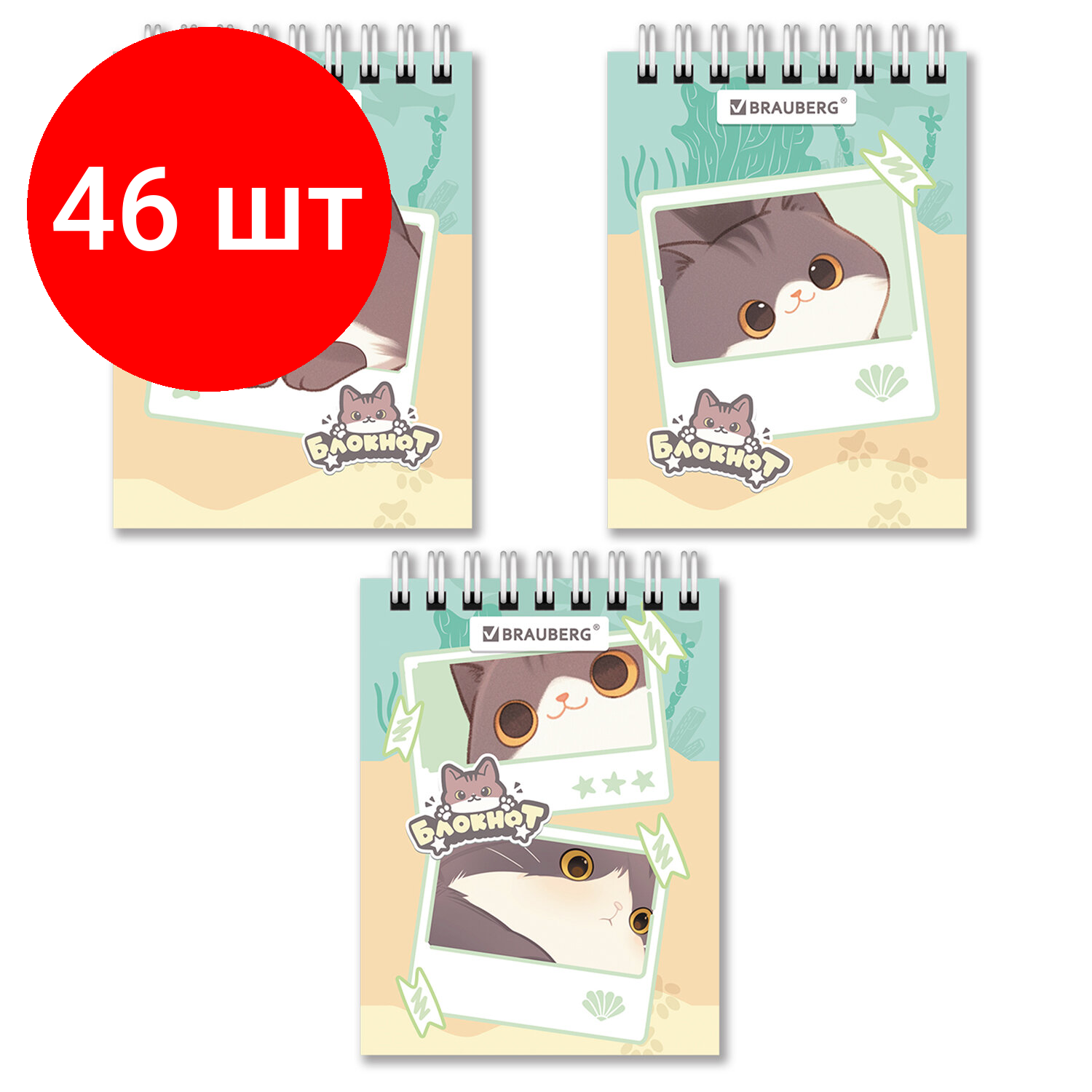 Комплект 46 шт, Блокнот малый формат А7, 75х105 мм, 40 л, гребень, клетка, кросс-серия "милые коты", BRAUBERG, 116988