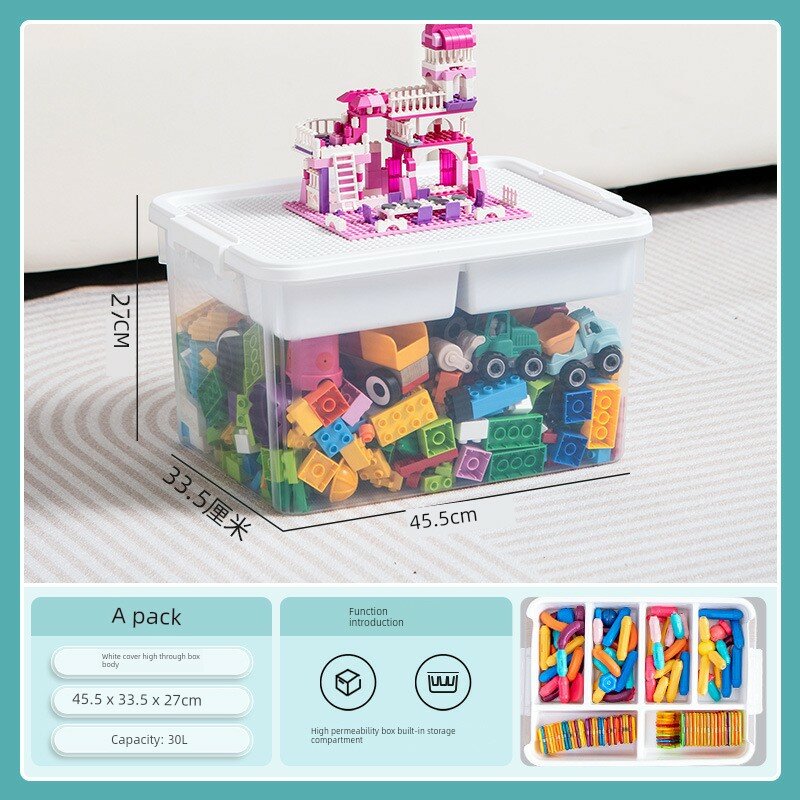 30 л пластиковый ящик для хранения игрушек для детей с белой крышкой Lego, прочный прозрачный дизайн для конструкторов