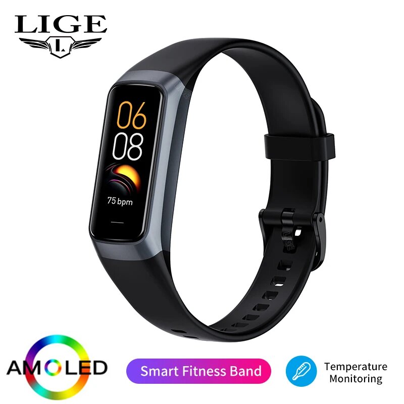 LIGE Smart Fitness Band, Черный, AMOLED, Мониторинг температуры