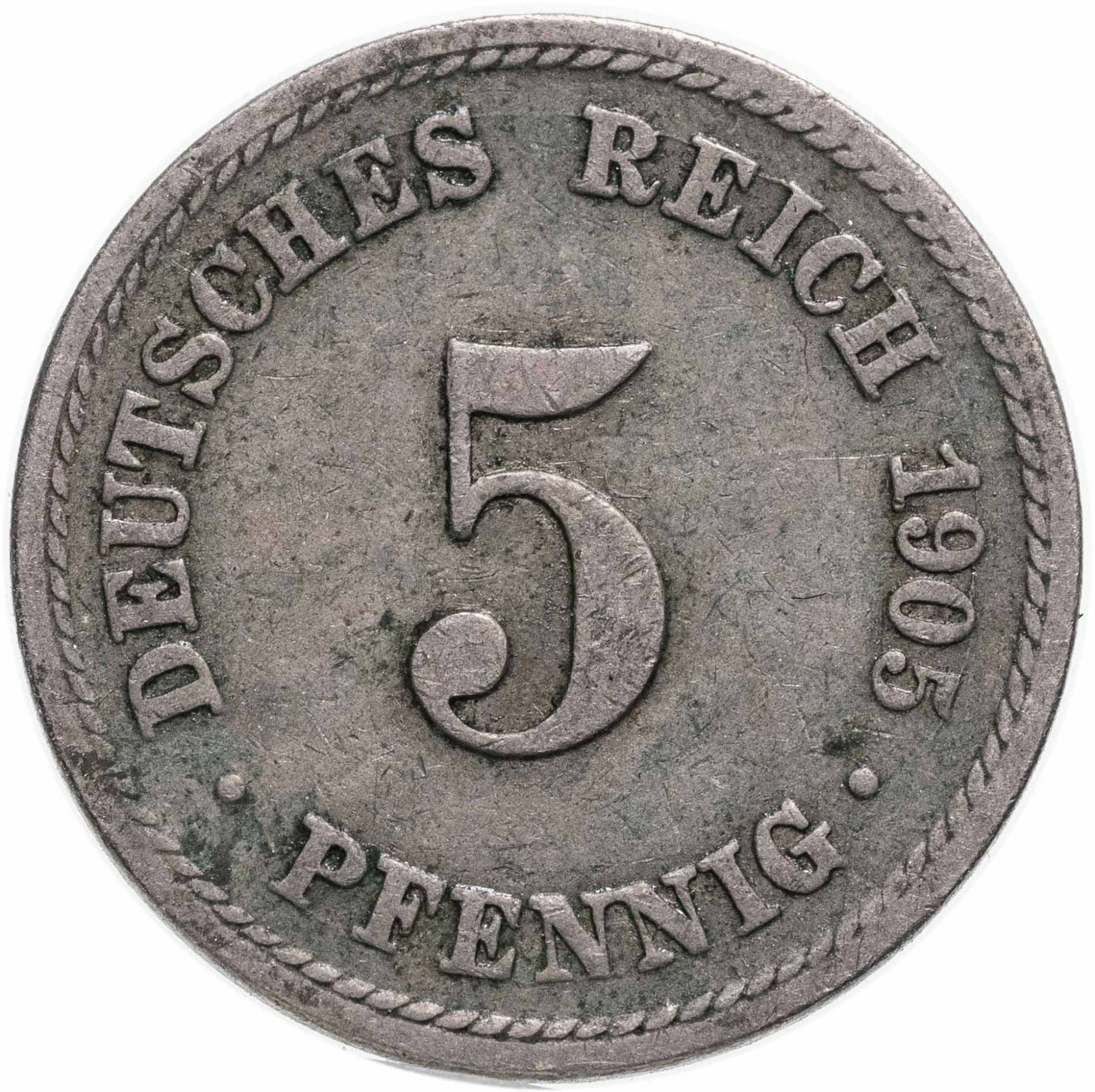 Германия 5 пфеннигов pfennig 1905, знак монетного двора: "A" - Берлин, Мельхиор медь-никель, в сохранности VF