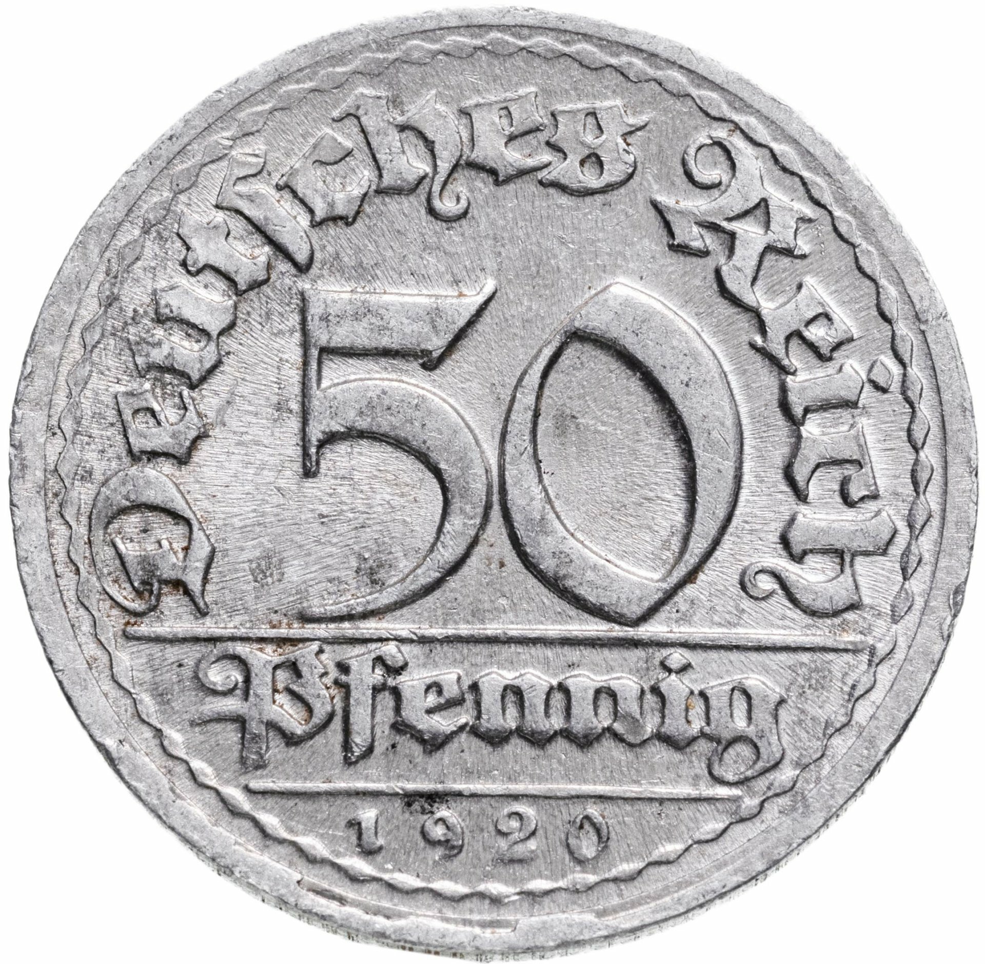Германия Веймарская республика 50 пфеннигов pfennig 1920 D знак монетного двора "D" — Мюнхен, Алюминий, в сохранности XF