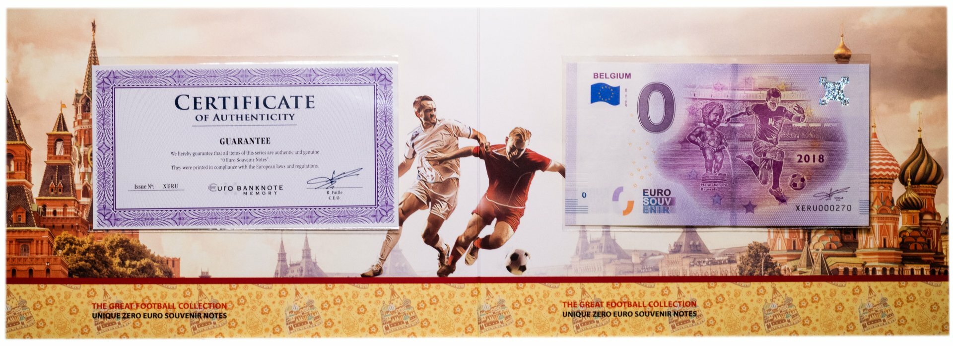 0 евро 2018 года - Чемпионат мира по футболу Страна - Бельгия в буклете с сертификатом UNC
