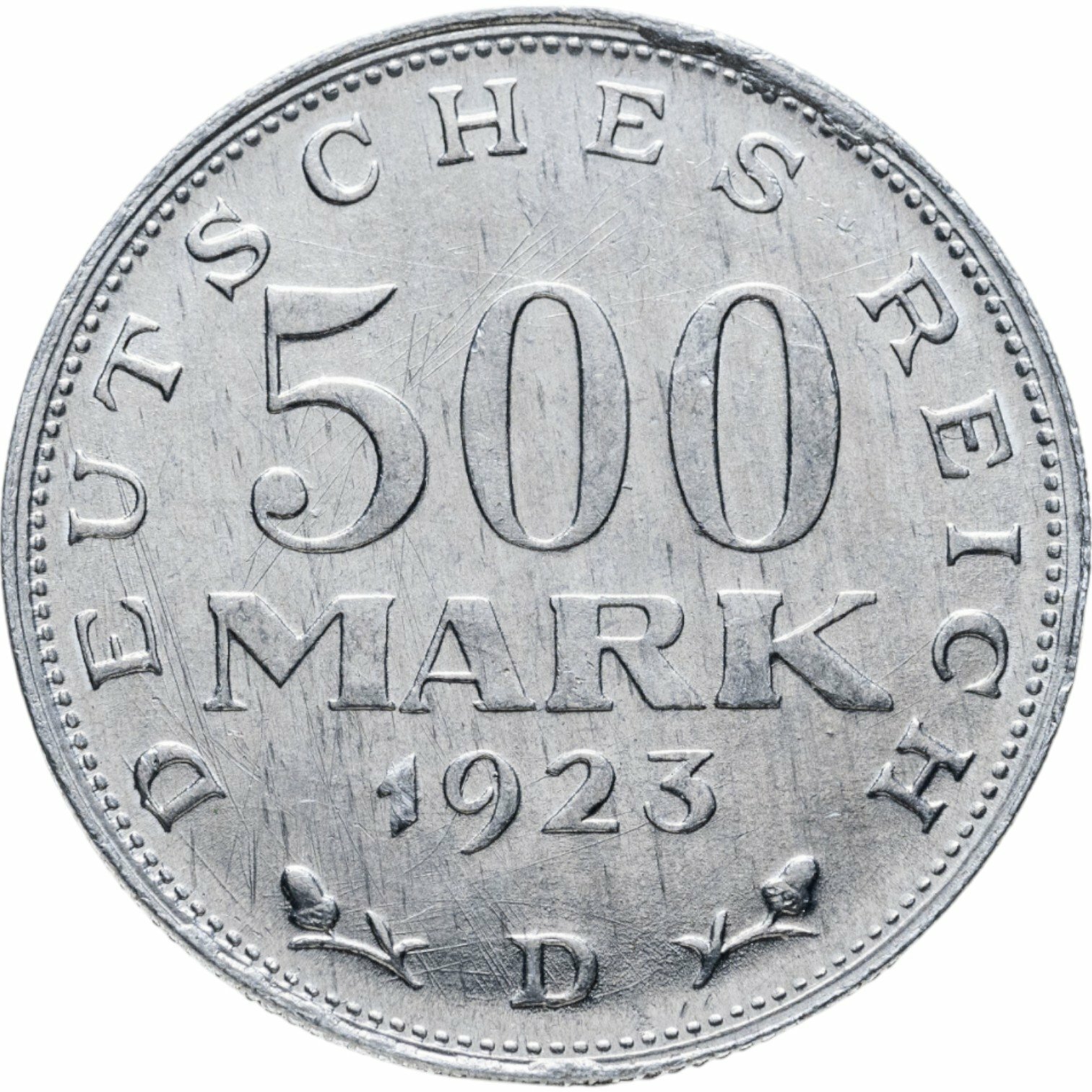 Германия 500 марок mark 1923, знак монетного двора "D", Алюминий, в сохранности UNC