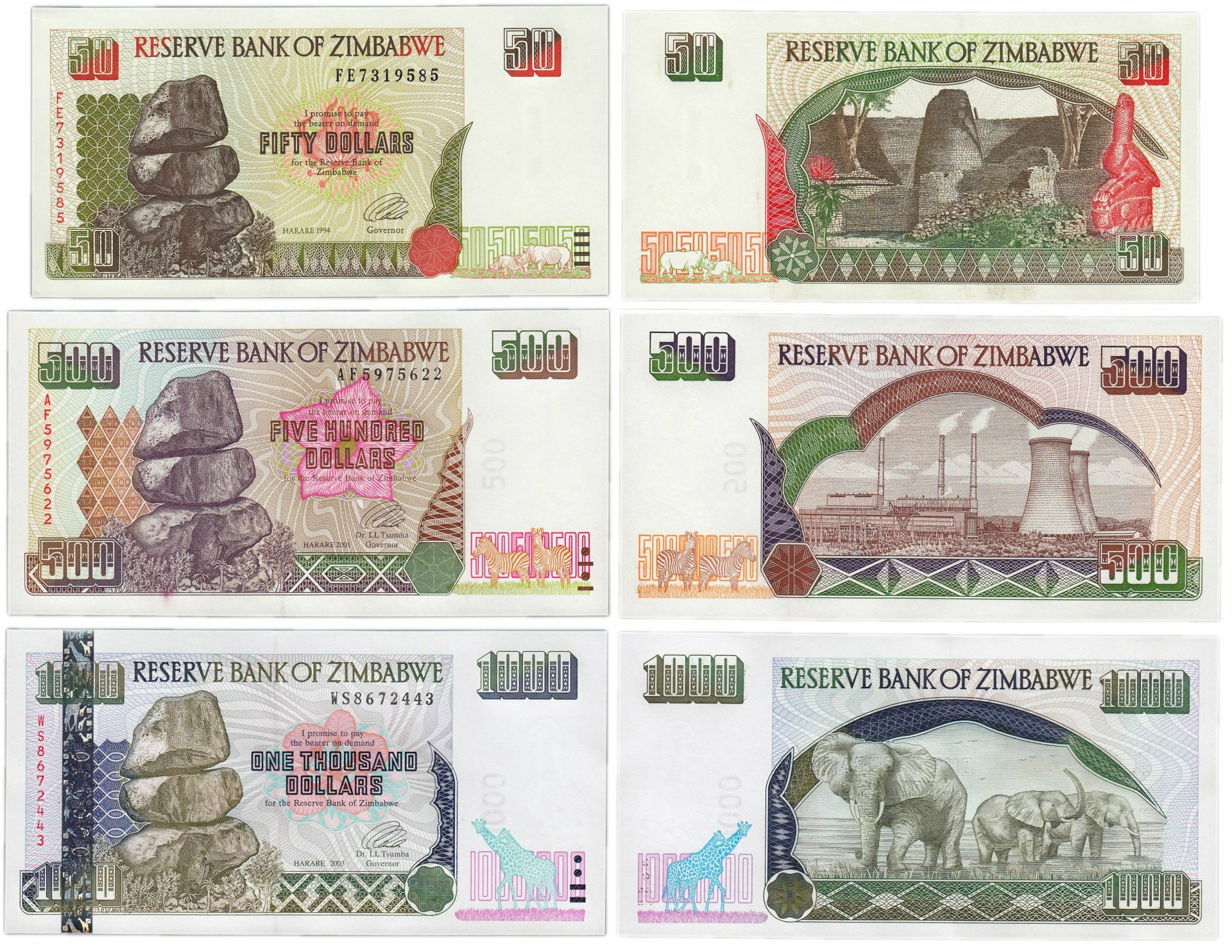 Зимбабве набор из 3 банкнот 50, 500, 1000 долларов 1994-2003