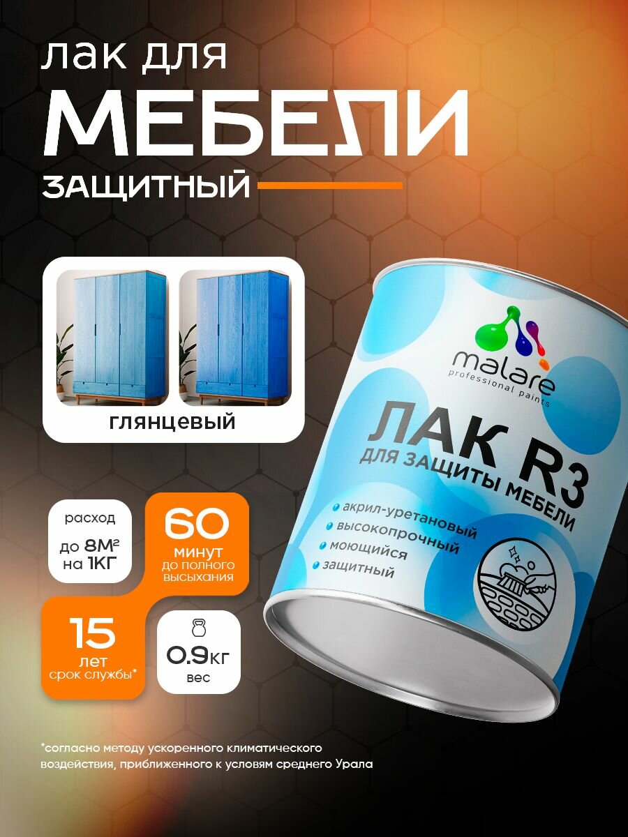 Лак для мебели Malare акрил-уретановый высокопрочный моющийся, универсальный для любых поверхностей, прозрачный глянцевый, 0,9 кг.