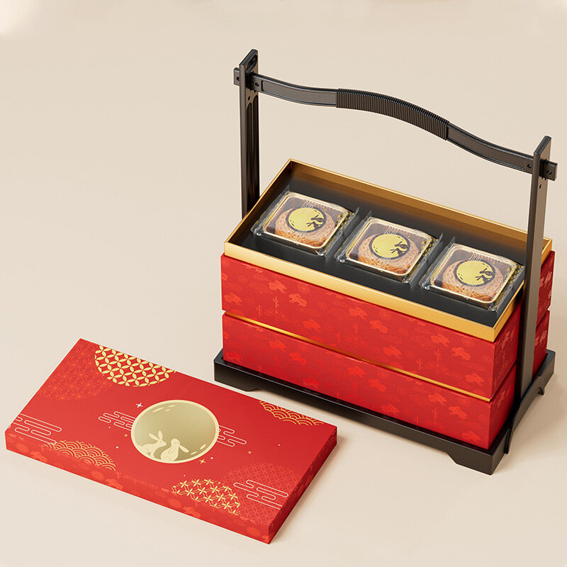 Красная золотая штамповка, ручная коробка для подарка на Праздник середины осени, двухслойная коробка в китайском стиле, сопровождающая подарок, новая упаковка в китайском стиле