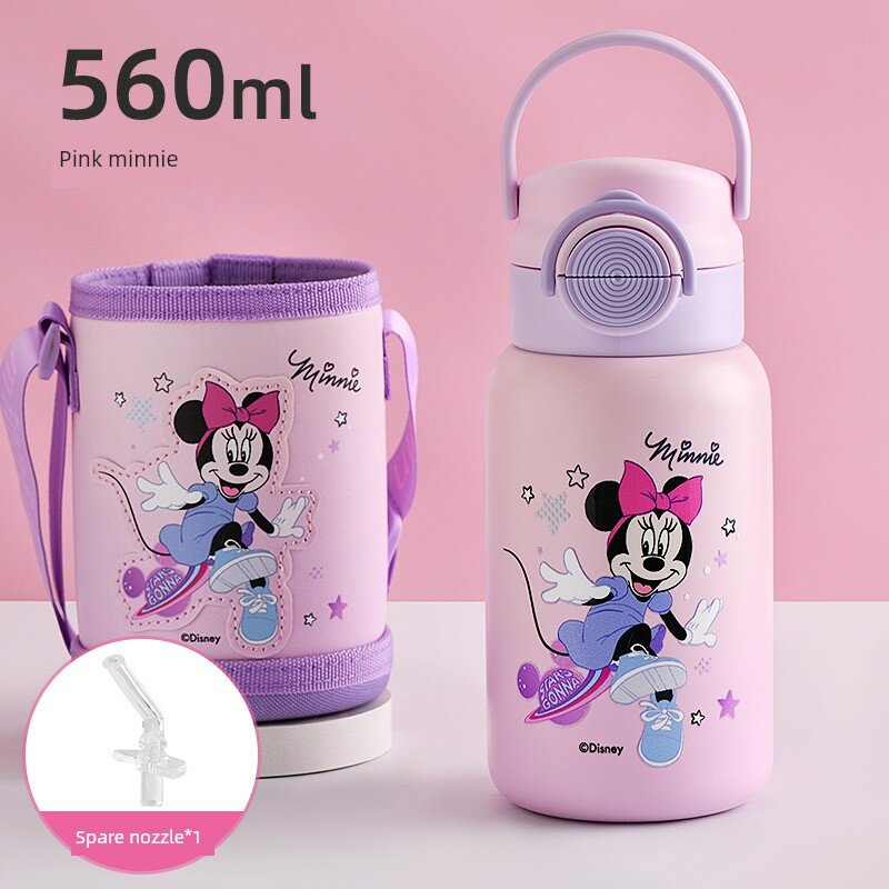 Термос Disney 560 мл с розовым дизайном Минни и соломинкой, двойное питье из стали 316