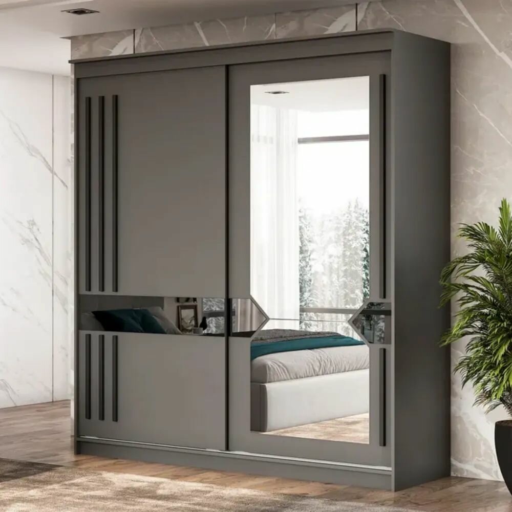 Шкаф-купе Шкаф-купе мршк 11/95.09 "Марко" (2-х дв.) с зеркалом (диамант серый / двпо белый)с ящиками, полками, штангой для дома 2002х2200х615 мебельный РАЙ