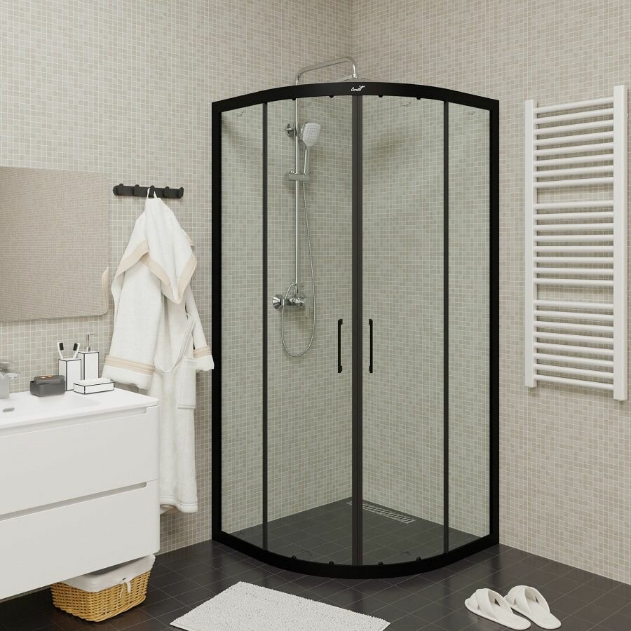 Душевой уголок, душевой угол Ceruttispa VIVA90B N (90x90x195), без поддона, профиль черный, стекло прозрачное