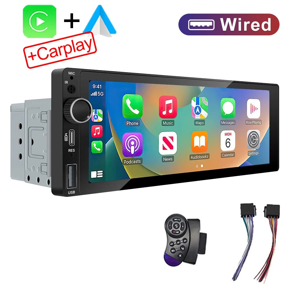 6.9' Автомагнитола 1DIN с Carplay, Bluetooth, USB, Цвет: Wired-691-0-R
