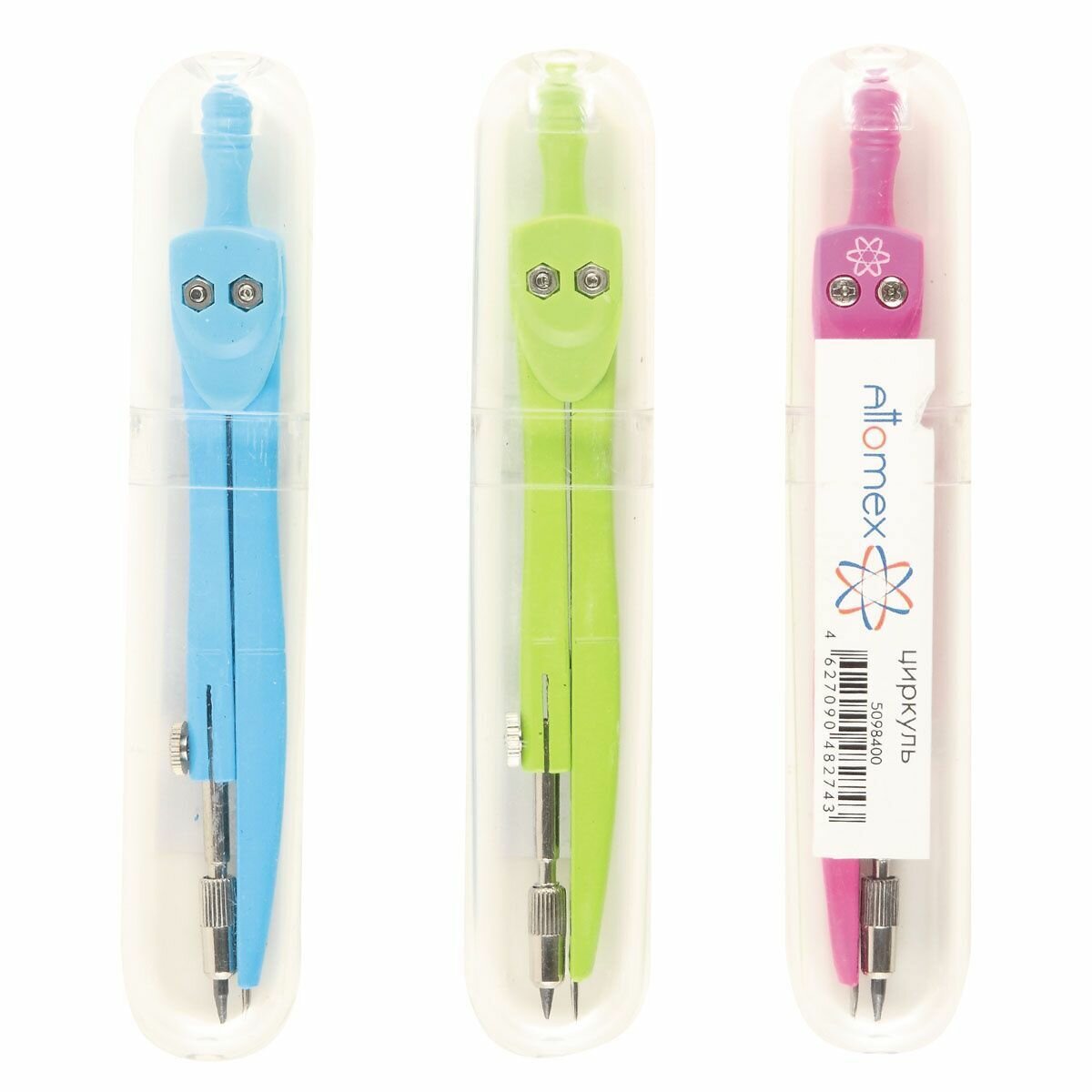 Циркуль 1 предмет, 11,5 см, металл, пластиковый футляр, ассорти 3 вида Color Attomex 5098400 - 1 шт.