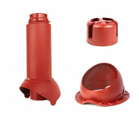 Выход вентиляции для канализации 110/125 мм h-500 NEW (комплект), RAL 3009 (красный), KROVENT, утепленный с колпаком и проходным элементом для металлочерепицы Монтеррей