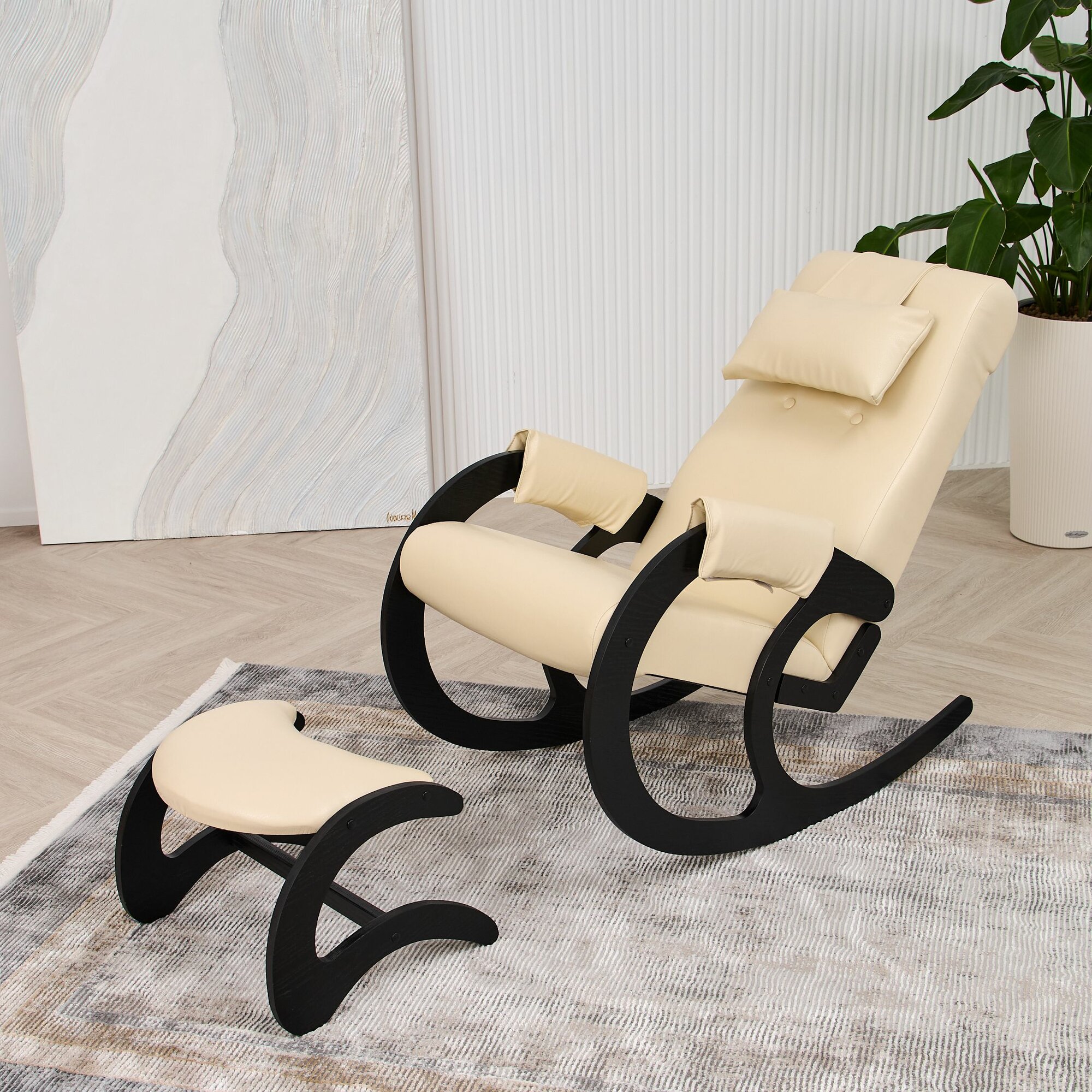 Кресло-качалка Блюз с банкеткой Экоткань, Крем, Венге