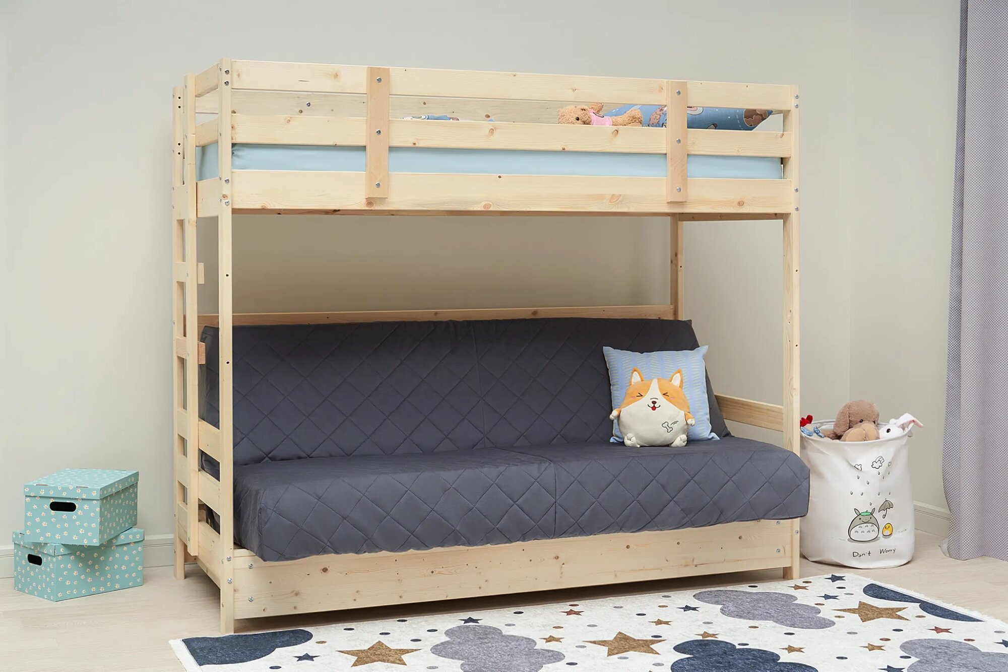 Кровать двухъярусная массив с диван-кроватью Боровичи 960x1970x1700мм