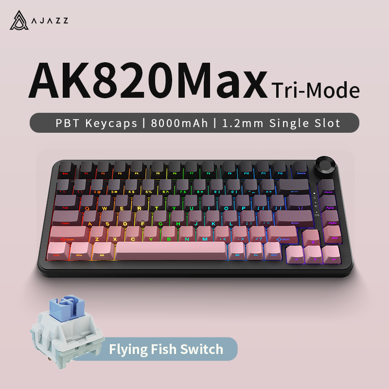Механическая клавиатура AJAZZ AK820 MAX с трехрежимной боковой гравировкой, ось flying fish (градиентный порошок)