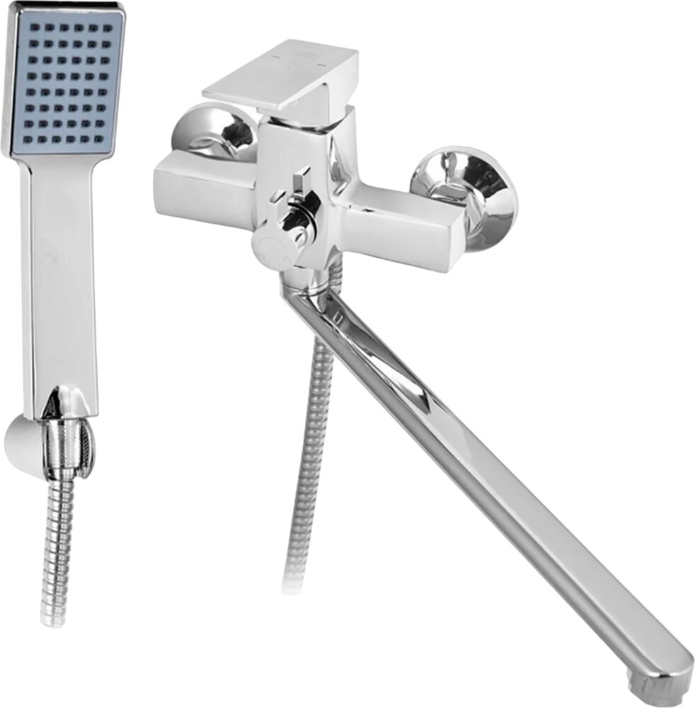 Смеситель с длинным изливом для ванны Wisent WP22235 с душевым гарнитуром, поворотный, металлический, хром, глянцевый, смеситель для ванны с душем, рычажный, с настенным держателем