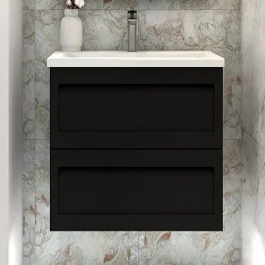 Тумба с раковиной Art&Max Platino подвесная, 58 см, черная, матовая, из МДФ, с ящиками, раковина для ванной из искусственного мрамора, прямоугольная