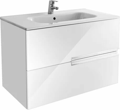 Тумба с раковиной Roca Victoria Nord Ice Edition 80 подвесная, 80 см, белая, глянцевая, из МДФ, с ящиками, раковина для ванной, фарфоровая, прямоугольная, встроенный слив-перелив