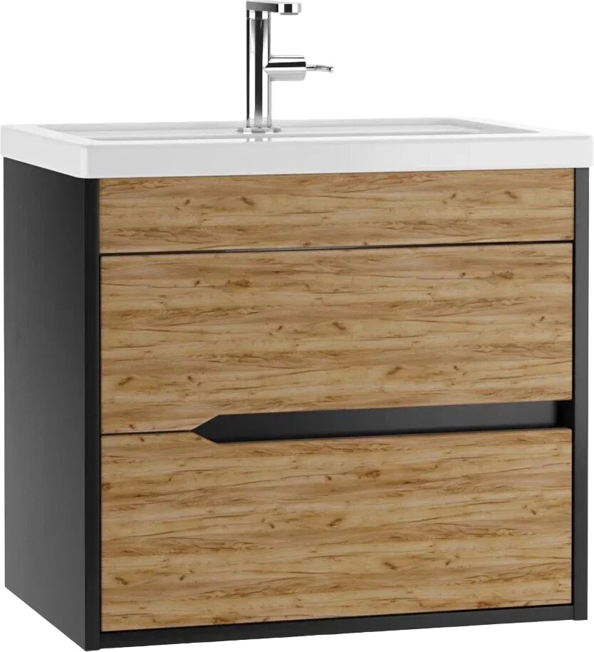 Тумба под раковину без столешницы Домино Карат (Karat) подвесная, черная, светлое дерево, матовая, из МДФ, тумба для ванной, с ящиками, с доводчиками, лофт