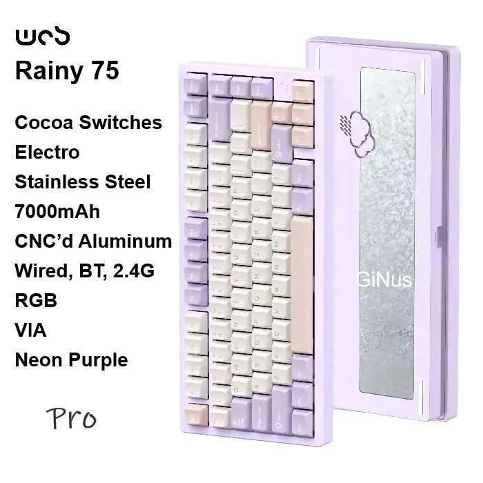Игровая клавиатура беспроводная Rainy75 Pro, NeonPurple, RGB, CocoaSwitches, Electro, Английская раскладка, фиолетовый