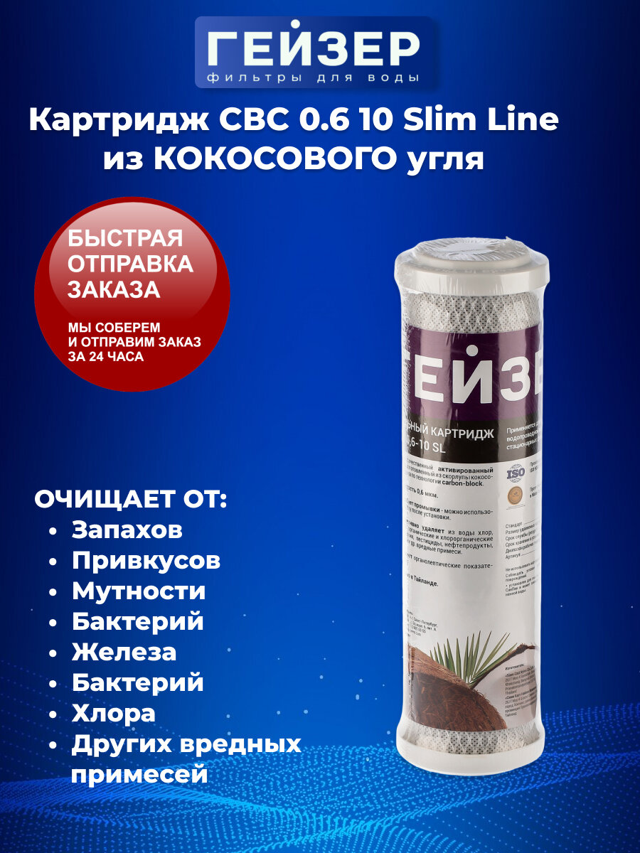 Гейзер СВС 0.6 10 SL картридж угольный кокосовый сменный модуль к фильтру для воды