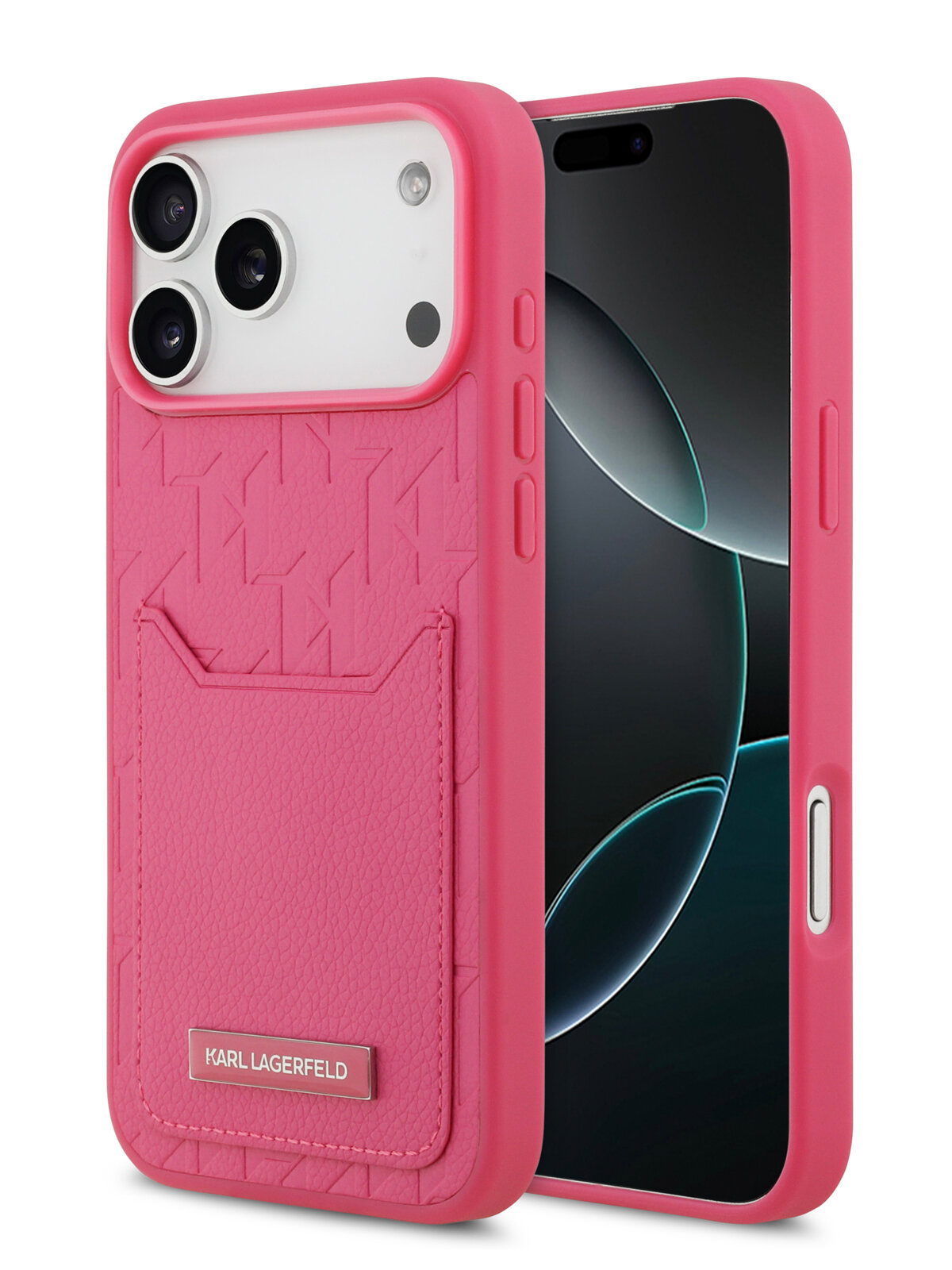 Чехол Karl Lagerfeld на iPhone 17 Pro Max, с карманом для банковских карт, из зернистой экокожи Grained, фуксия