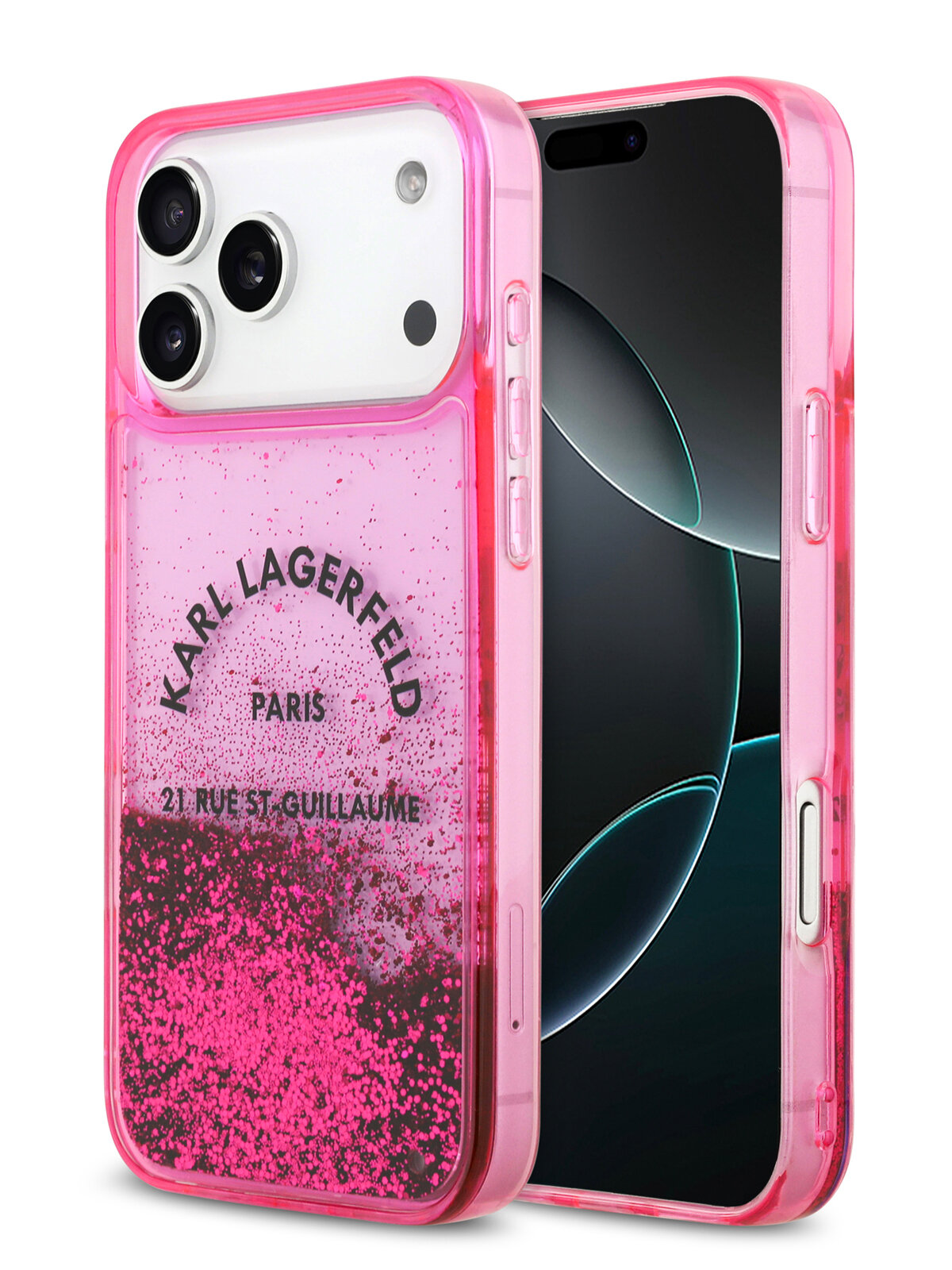Чехол Karl Lagerfeld на iPhone 17 Pro Max, Liquid Glitter с жидким гелем и блестками, фуксия