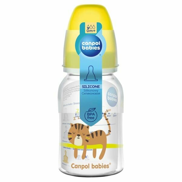 Бутылочка для кормления с силиконовой соской c узким горлом желтая с 0 мес. Africa Babies Canpol/Канпол 120мл