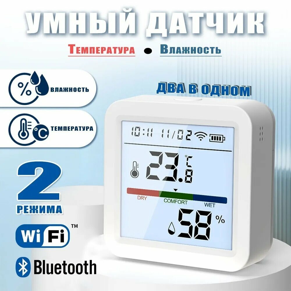 Умный датчик температуры и влажности с ЖК-дисплеем WiFi Tuya / Smart Life, комнатный гигрометр, термометр, метеостанция, поддержка голосовых помошников: Alexa, Google HomeAssistant. Wi-Fi Умный Дом