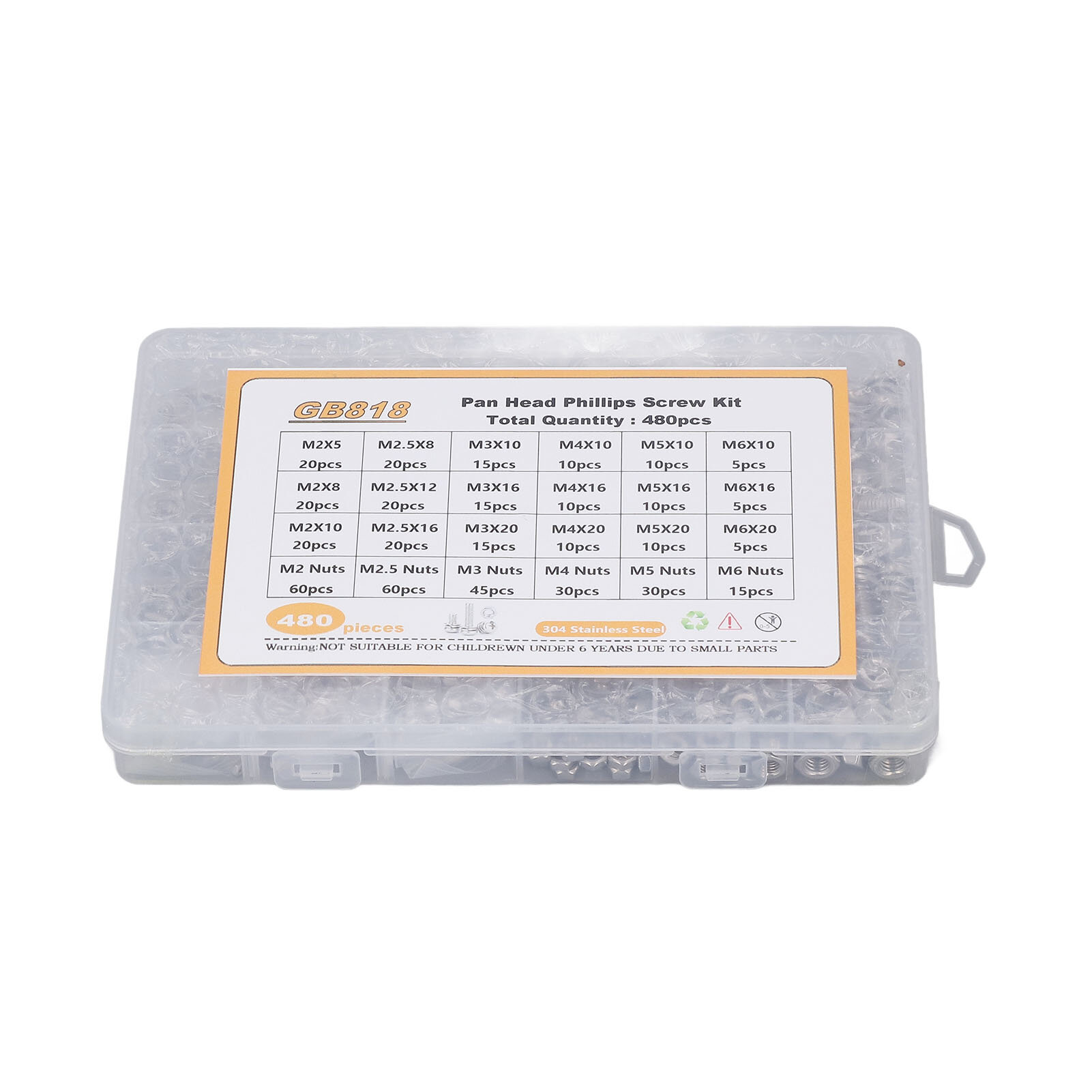 480pcs Wint Kit Kin Head Cross 304 Набор для ассортимента винтовой гайки из нержавеющей стали M2 M22.5 м3 M4 M5 M6