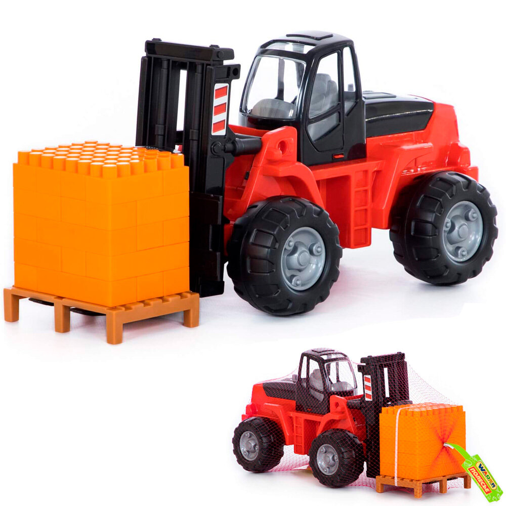 Автокар (погрузчик вилочный) + конструктор "Супер Микс" 30 элементов на поддоне, пластик, в сетке