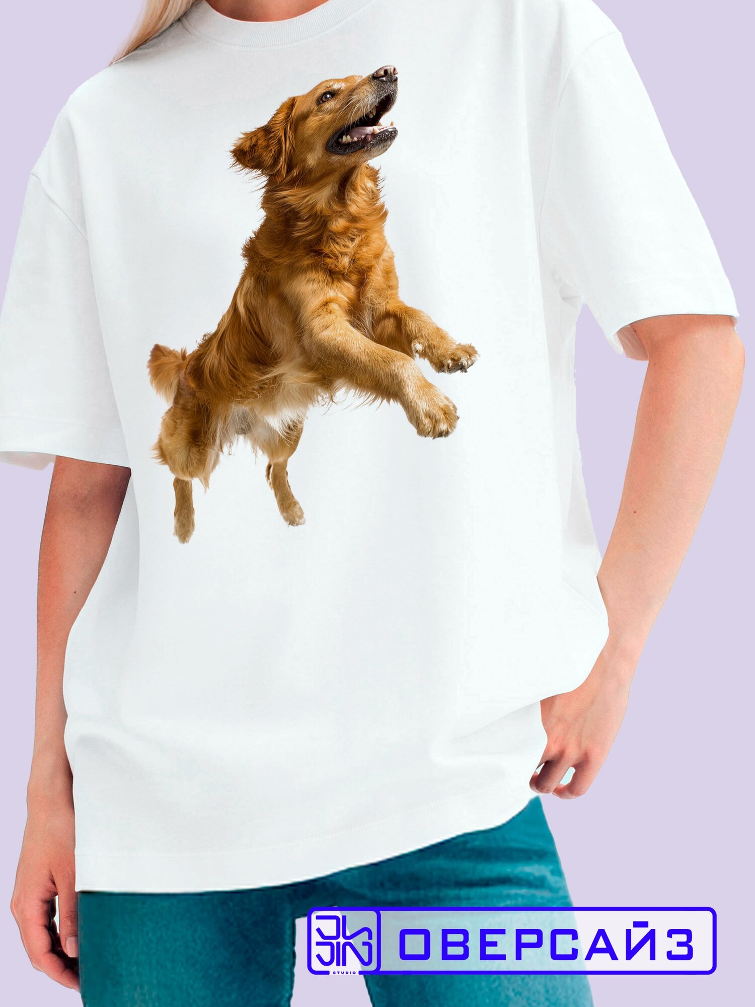 Футболка оверсайз женская с принтом Веселая белая иллюстрация с рыжим ретривером, смешная и интересная собака, белый хлопковый трикотаж с прикольным рисунком на груди