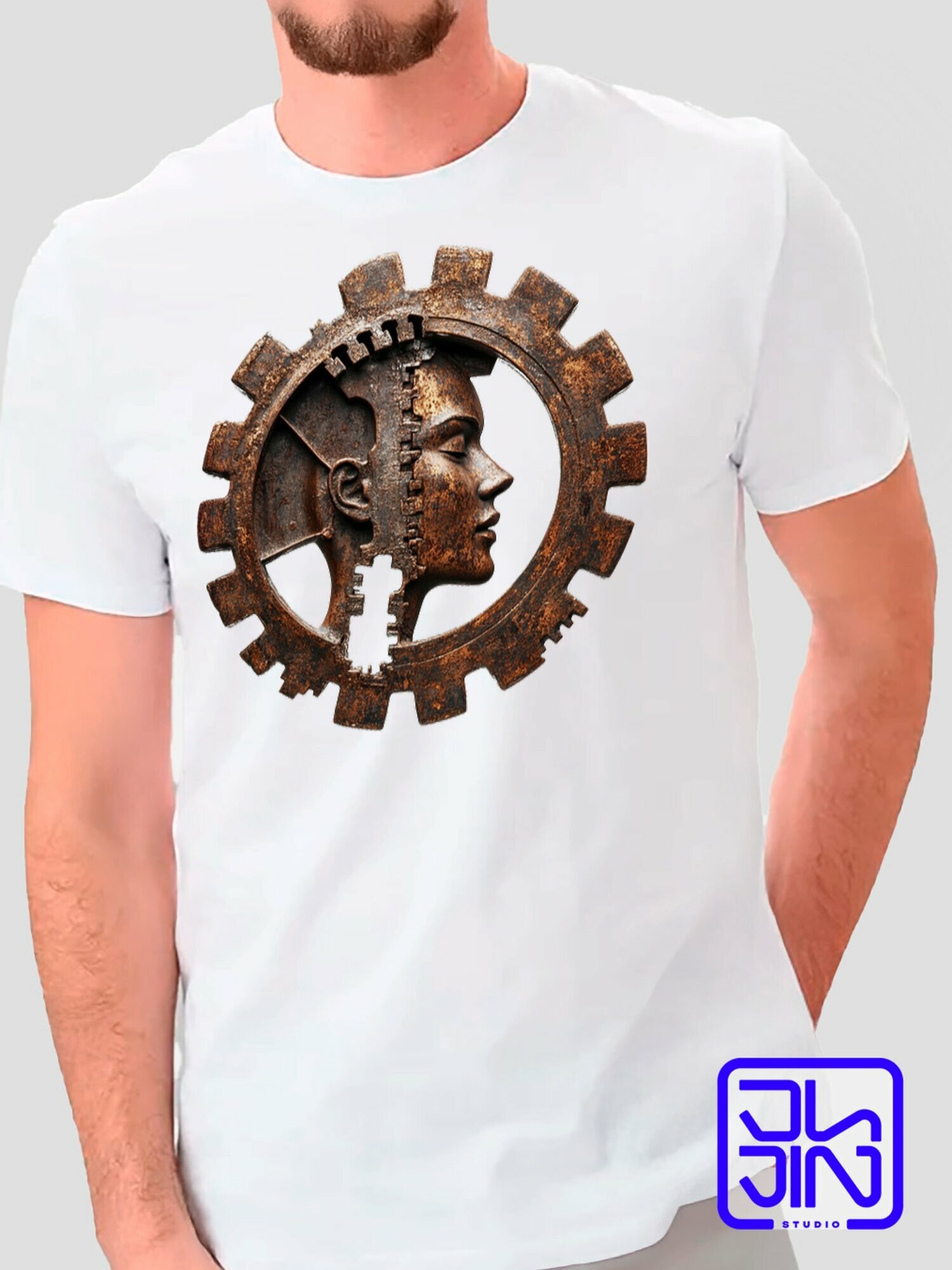 Футболка классическая мужская с авторским принтом Женский профиль в ретро стиле, коричневая терракотовая шестерня механизма, белый хлопковый трикотаж с прикольным рисунком на груди
