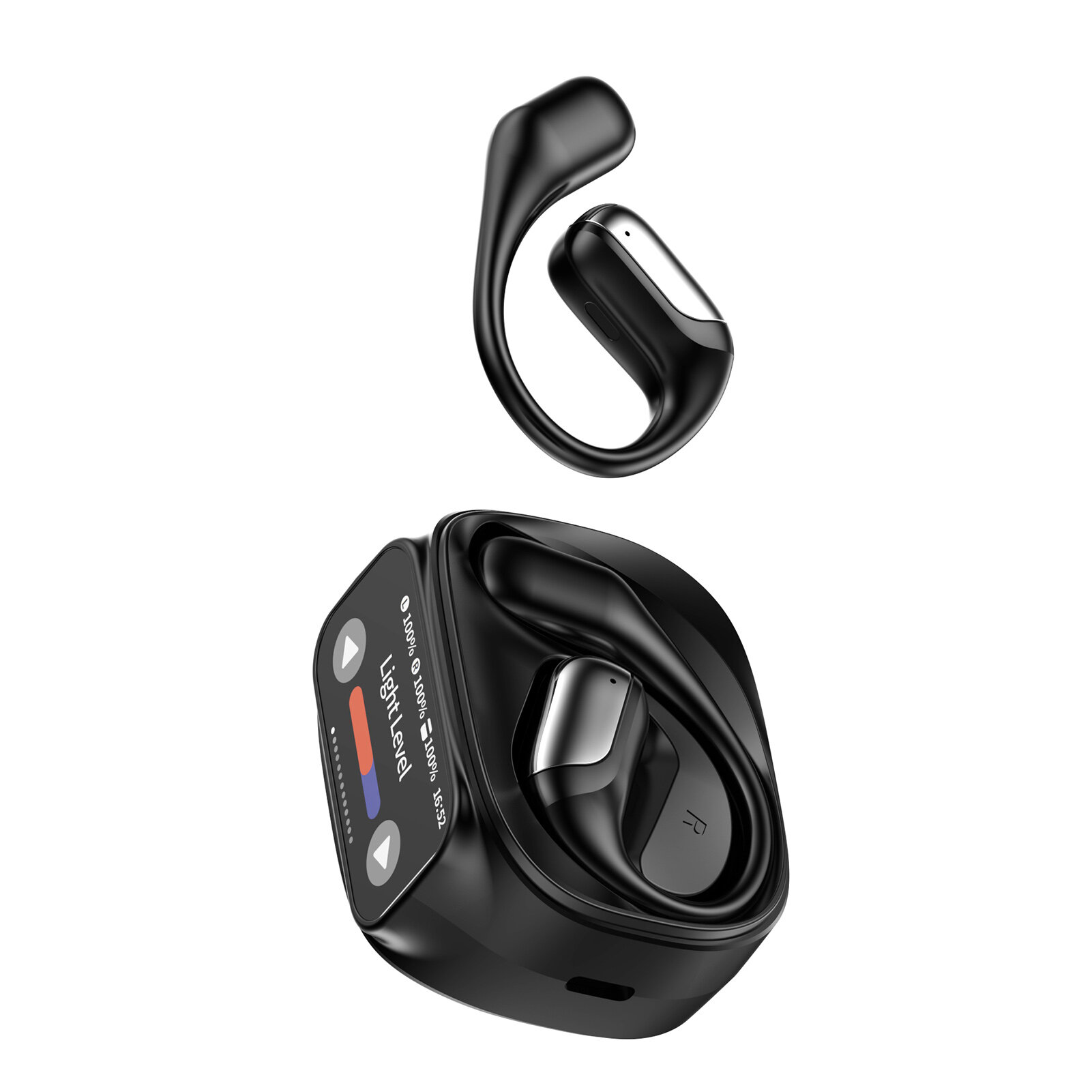 Наушники беспроводные с открытым ухо для перевода AI, 5.4, крепление на ухо для спорта, подключение через приложение, реальное время, 150 языков, звонок HD, с футляром для зарядки 380 мАч, черный