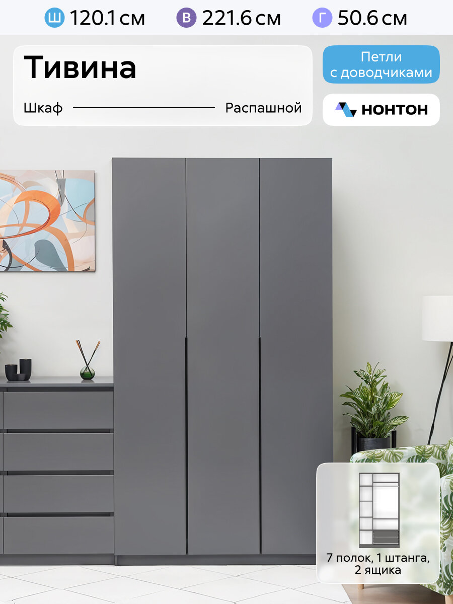 Шкаф для одежды распашной Нонтон Тивина, 120 см, 7 полок, 1 штанга, 2 ящика, графит серый