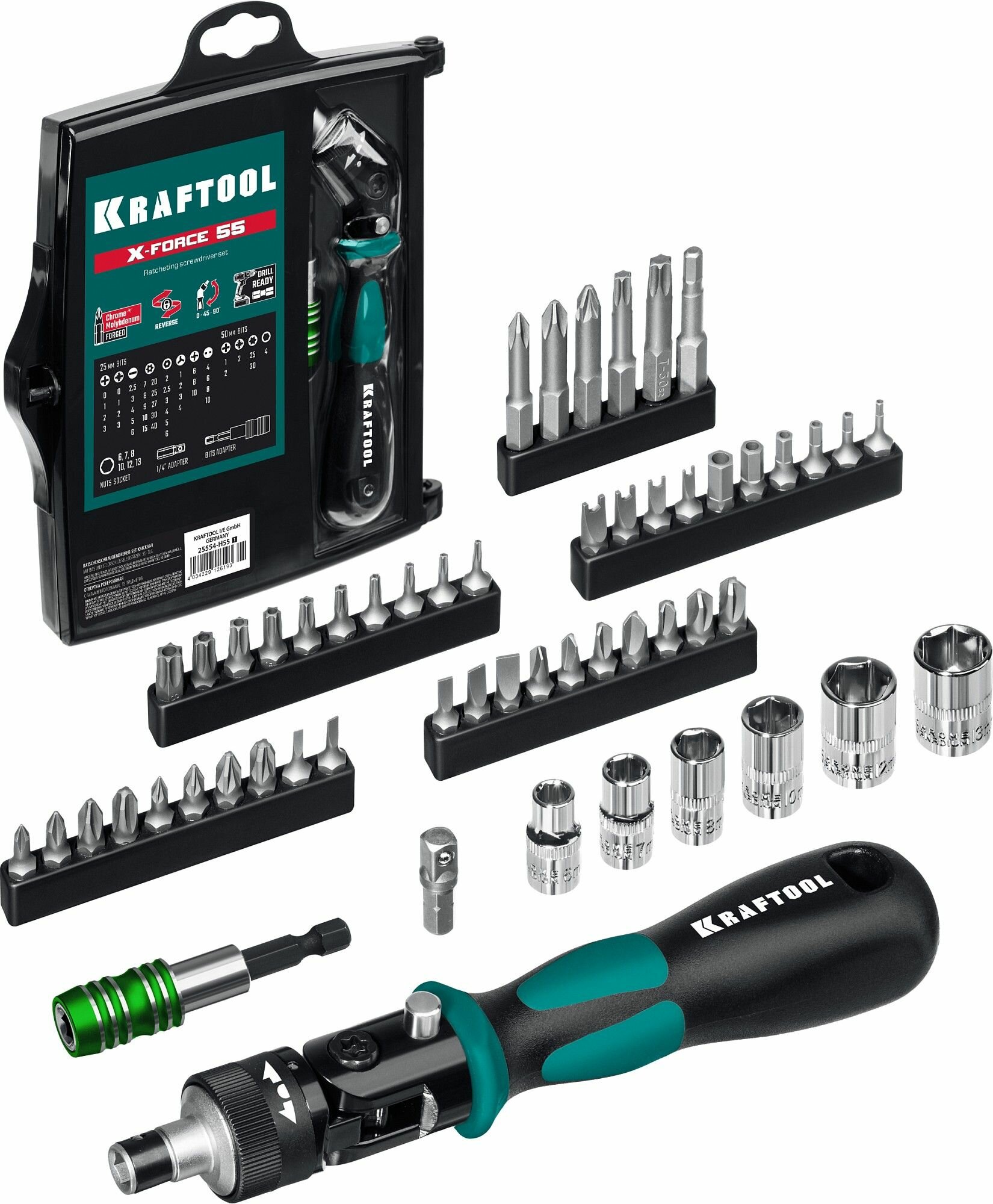 Реверсивная отвертка KRAFTOOL Expert-55, 55 позиций, с насадками 25554-H55_z01