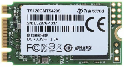 120 ГБ SSD M.2 накопитель Transcend MTS420 (TS120GMTS420S) - SATA 3, чтение - 530 Мбайт/сек, запись - 350 Мбайт/сек, 3D NAND, 3 бит TLC