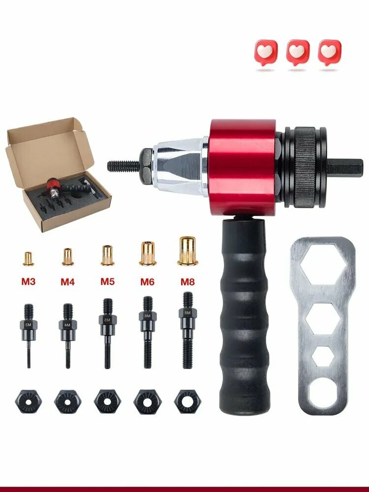 Заклепочник для резьбовых заклепок, электрический привод, С 100 гайками M3-M8 из углеродистой стали, идеально подходит для самостоятельной установки окон, полок, черный