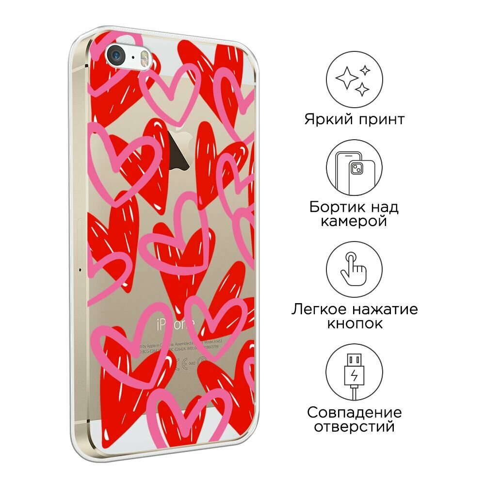 Чехол на Apple iPhone 5/5S/SE / Айфон 5/5S/SE с принтом "Hearts doodles - 14 февраля", прозрачный — фото 1