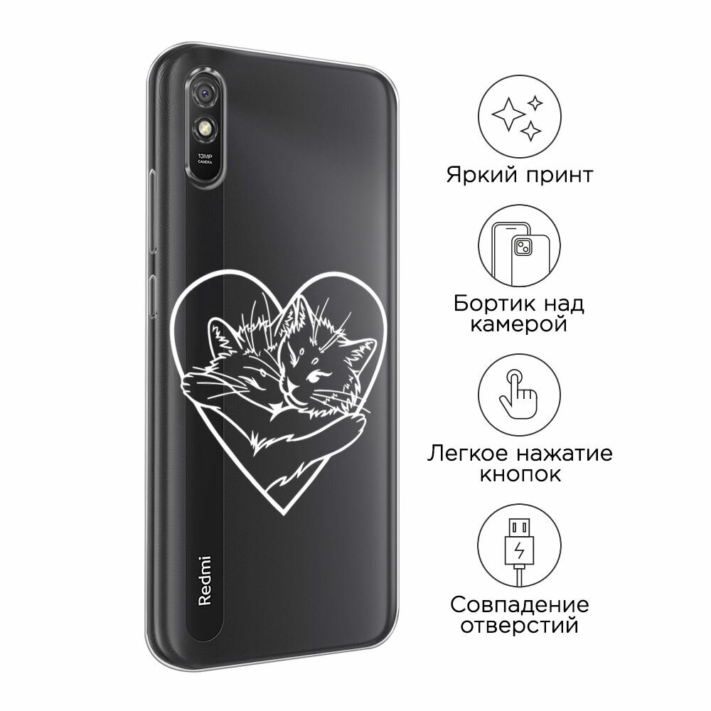 Чехол на Xiaomi Redmi 9A / Сяоми Редми 9А с принтом "Влюблённые котики рисунок 2 - 14 февраля", прозрачный — фото 1