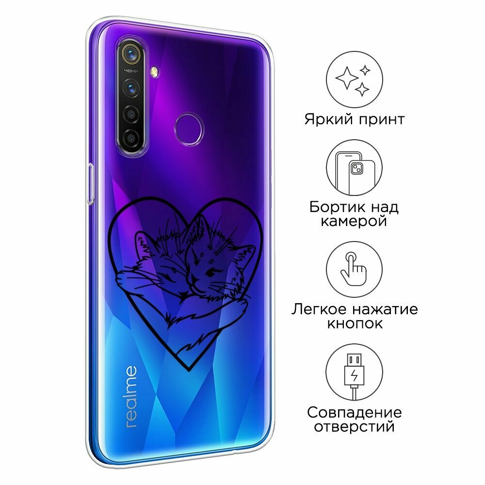 Чехол на Realme 5 Pro / Реалми 5 Про с принтом "Влюблённые котики рисунок 3 - 14 февраля", прозрачный — фото 1