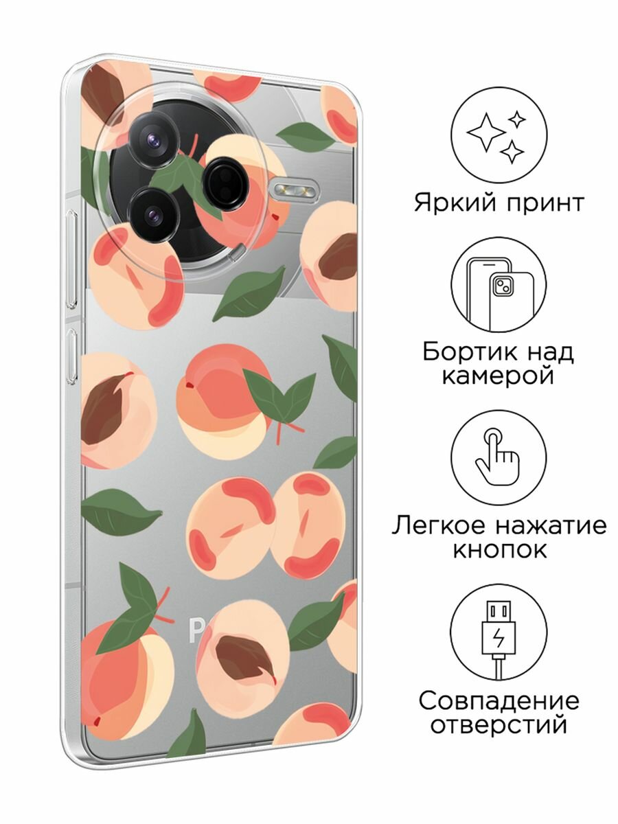 Чехол на Poco F7 Pro / Поко F7 Про с принтом "Нежные персики паттерн 2", прозрачный — фото 1