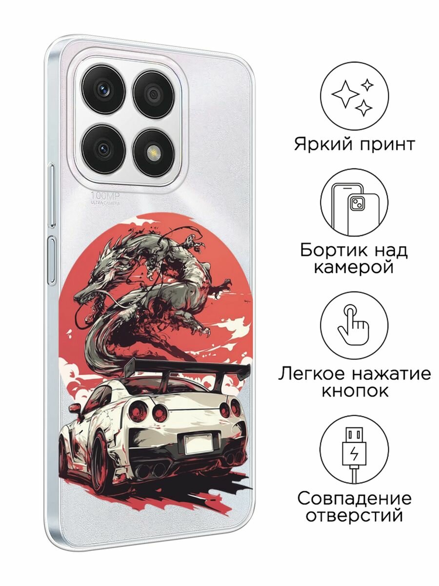 Чехол на Honor X8A / Хонор X8A с принтом "Car and dragon", прозрачный — фото 1