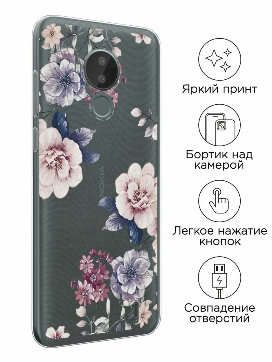 Чехол на Nokia C30 / Нокия C30 с принтом "Нежные винтажные цветы", прозрачный — фото 1