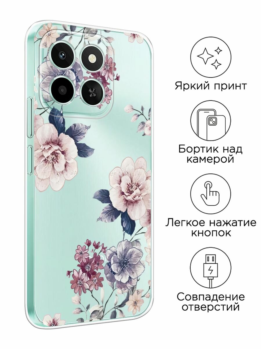 Чехол на Honor X6c / Хонор X6c с принтом "Нежные винтажные цветы", прозрачный — фото 1
